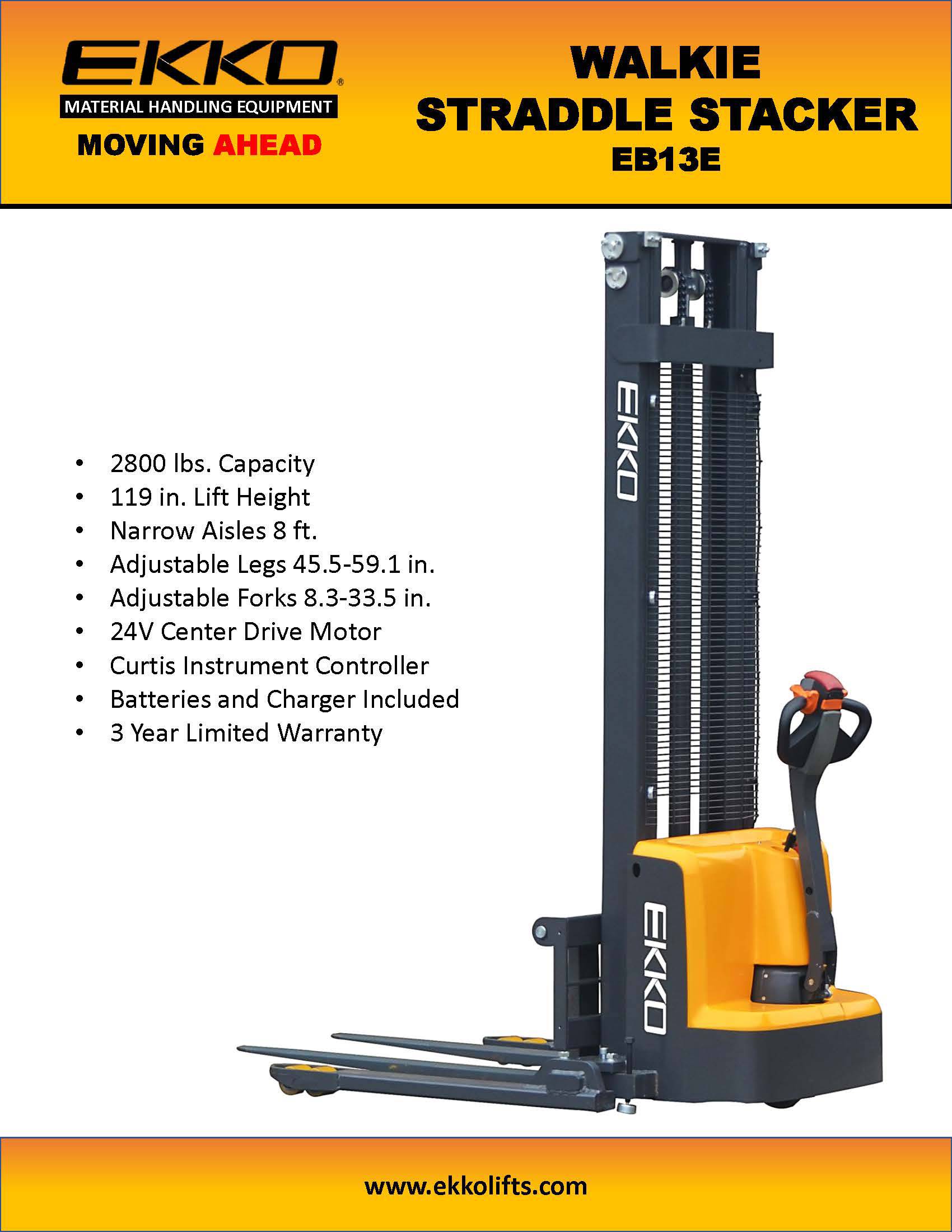 EKKO Full Powered Straddle Stacker 119/138" Height 2800 lbs Capacity | Source 4 Industries