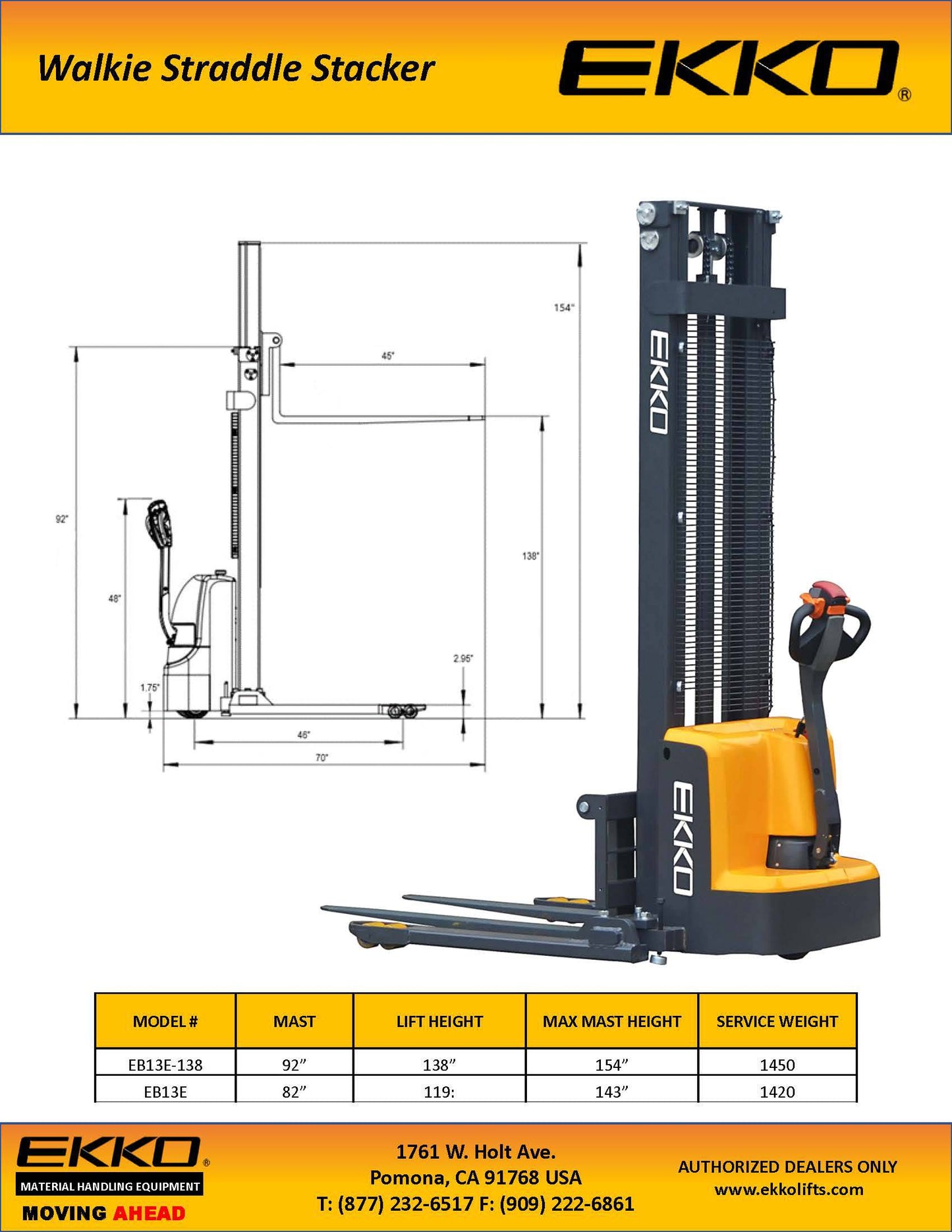 EKKO Full Powered Straddle Stacker 119/138" Height 2800 lbs Capacity ...