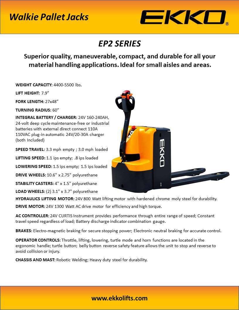 EKKO EP20E Electric Powered Pallet Jack - 4400-5500 lbs Capacity ...